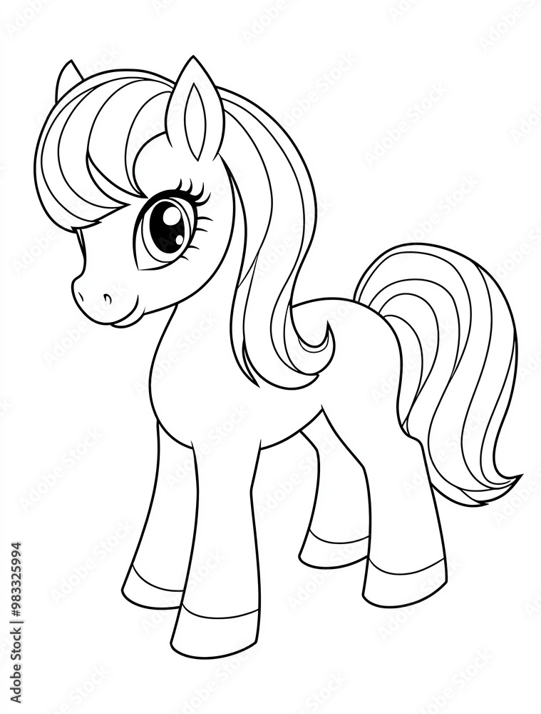 Coloring page for kids, a cute pony with beautiful hair and eyes, in a ...