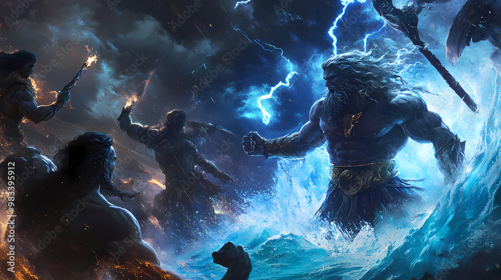 Epic gods vs titans battle zeus wields thunderbolts poseidon summons ...