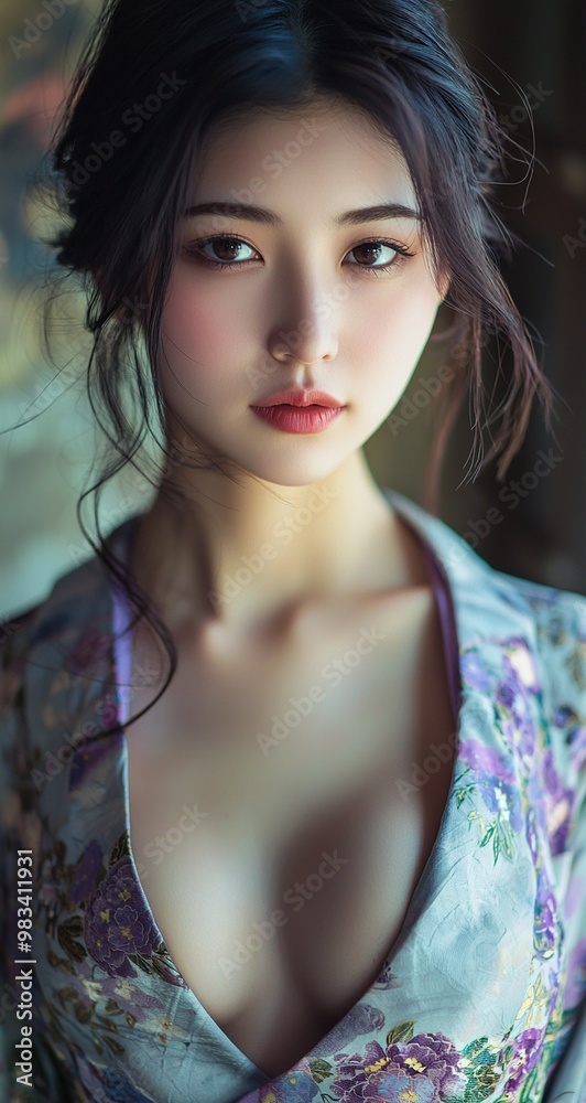 beautiful Japanese woman in kimono, deep neckline, photo shoot for magazine... Stock Photo ...