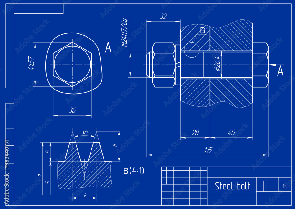 Vector engineering cad drawing of mechanical part (steel bolt) with ...