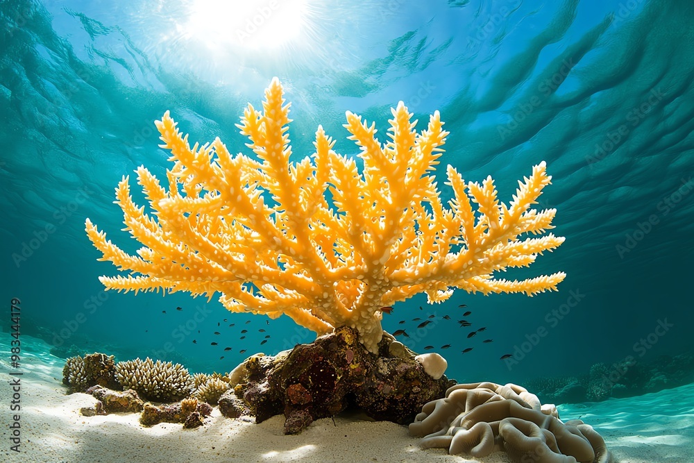 Vibrant staghorn coral, its branching structure covered in tiny fish ...