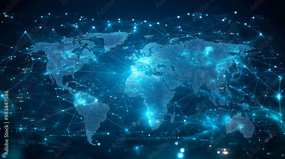 World map with connections, glowing blue. Stock Illustration | Adobe Stock