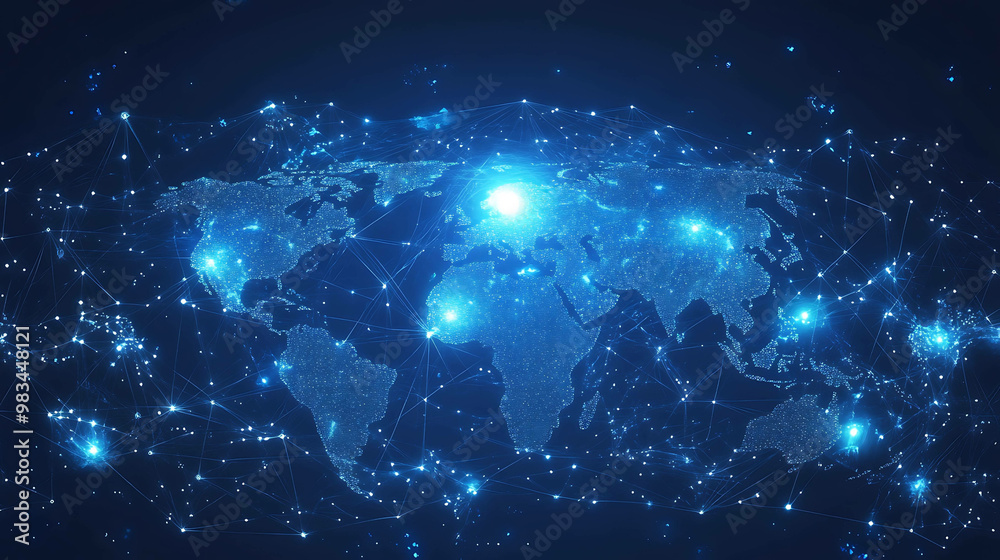 An abstract glowing blue world map with lines connecting major cities and continents ...