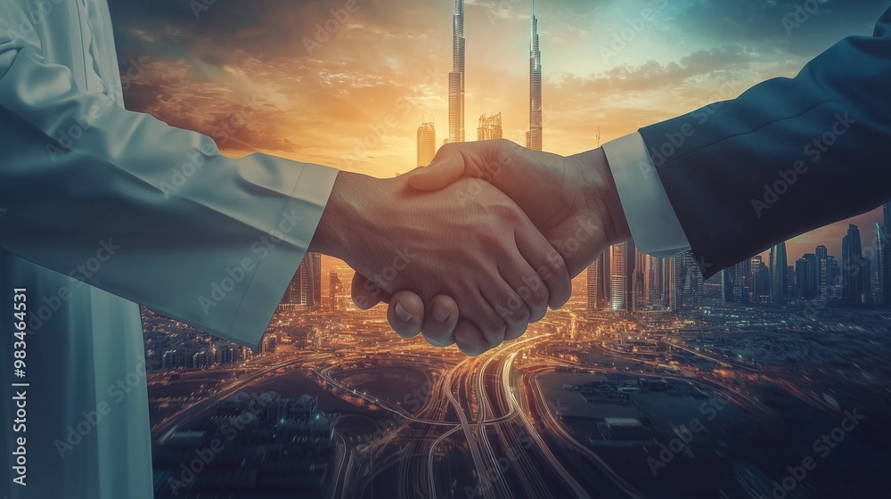 A handshake between two businessmen with dubai skyline in the ...