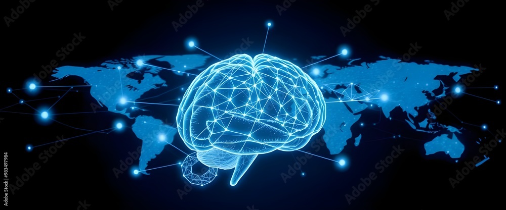 A digital brain with intricate lines radiating outward, connecting to ...