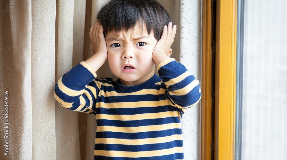 Little Asian boy crying and covering his ears in frustration, anxiety ...