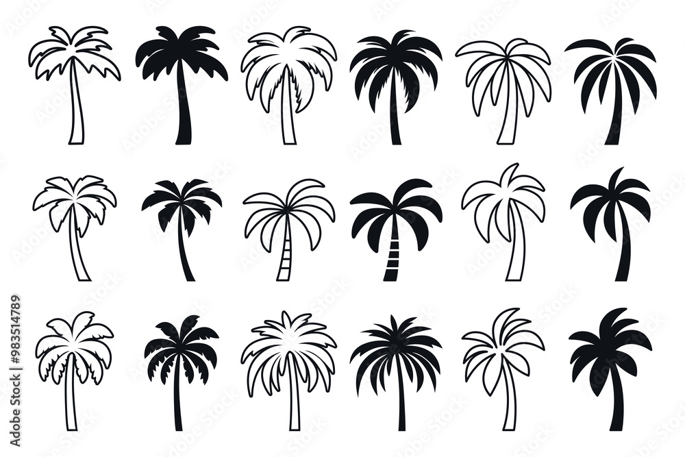 Vector Monochrome Hand-Drawn Palm Tree Icon Set. Single Color Palm ...
