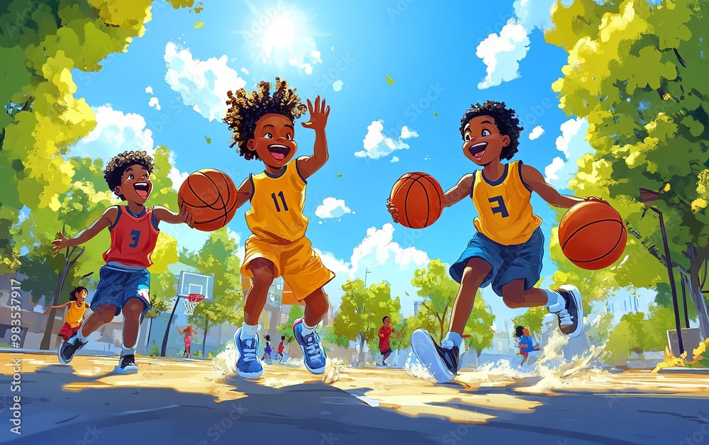 2D cartoon of Black children playing basketball, vibrant colors, joyful ...