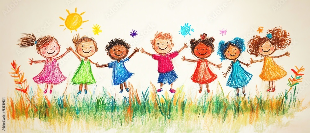 Foto de Stock Childdrawn 2D cartoon of toddlers of all races playing ...
