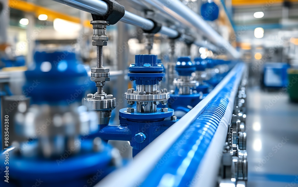 Highdetail image of blue and white piping in a resin injection factory ...