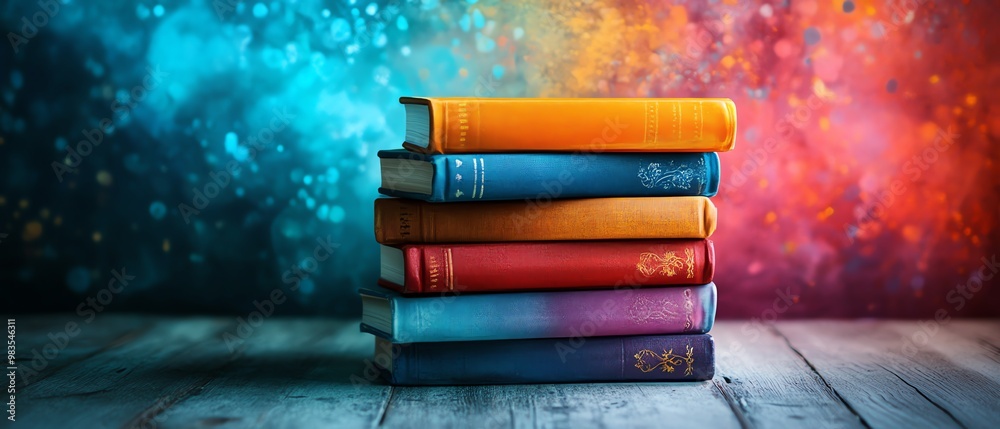 Creative image of a stack of colorful books with dynamic backgrounds ...