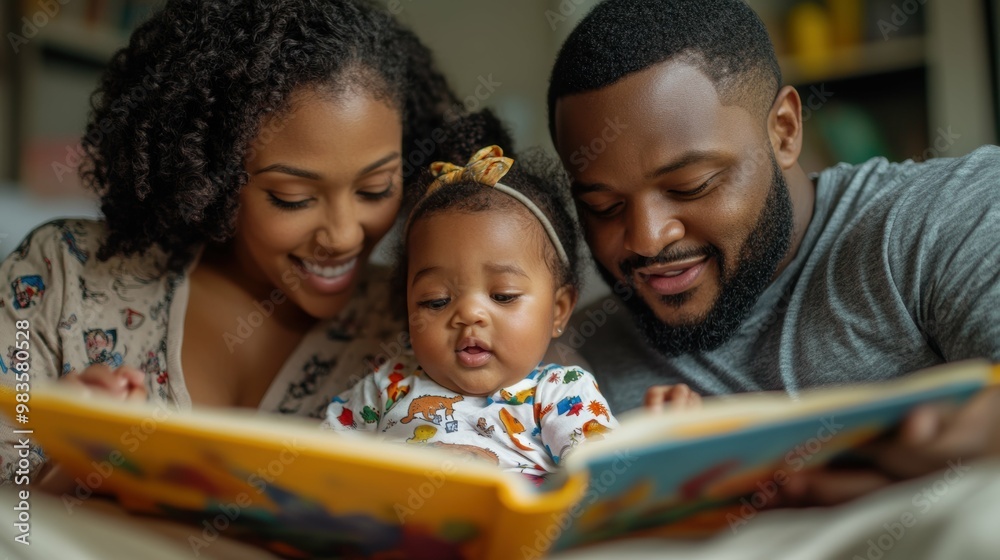 Beaming parents reading a storybook to their young child, the infant's ...