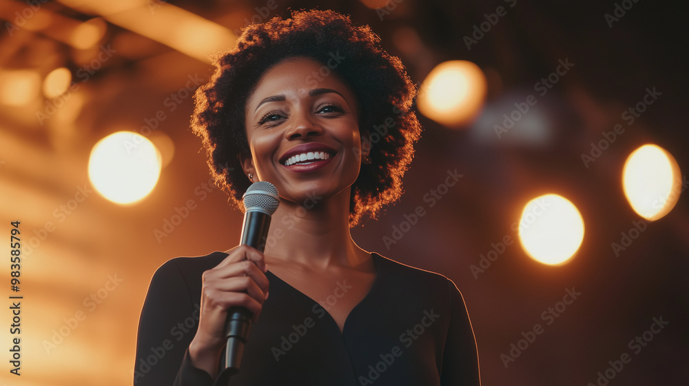 Woman Speaking with Microphone. A confident woman speaking into a ...