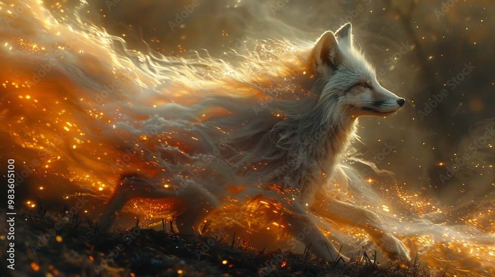 Myth of the Kitsune a mystical fox with nine tails ancient Japanese ...