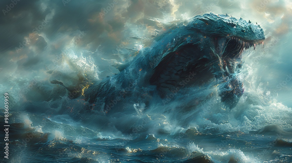 Myth of the Leviathan a massive sea serpent rising from the depths ancient biblical mythology ...