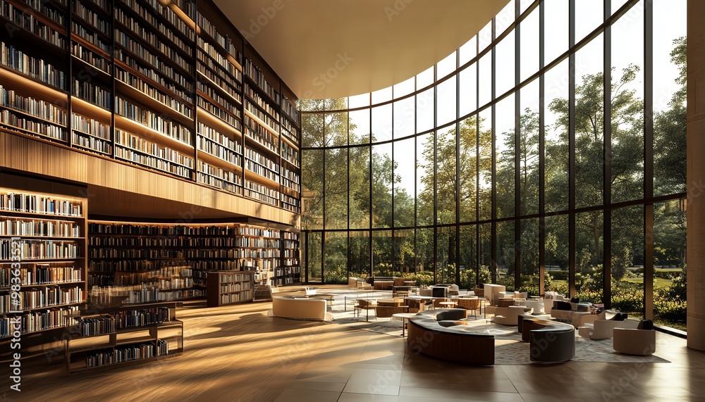 Dynamic depiction of a library with spacious reading areas, diverse ...