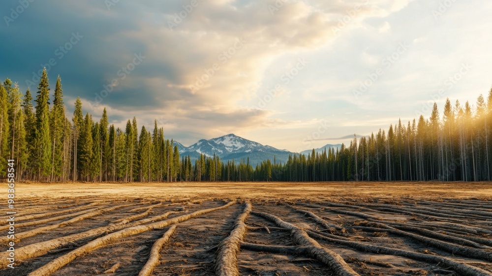 3D model of deforestation with cut trees and barren land showing ...