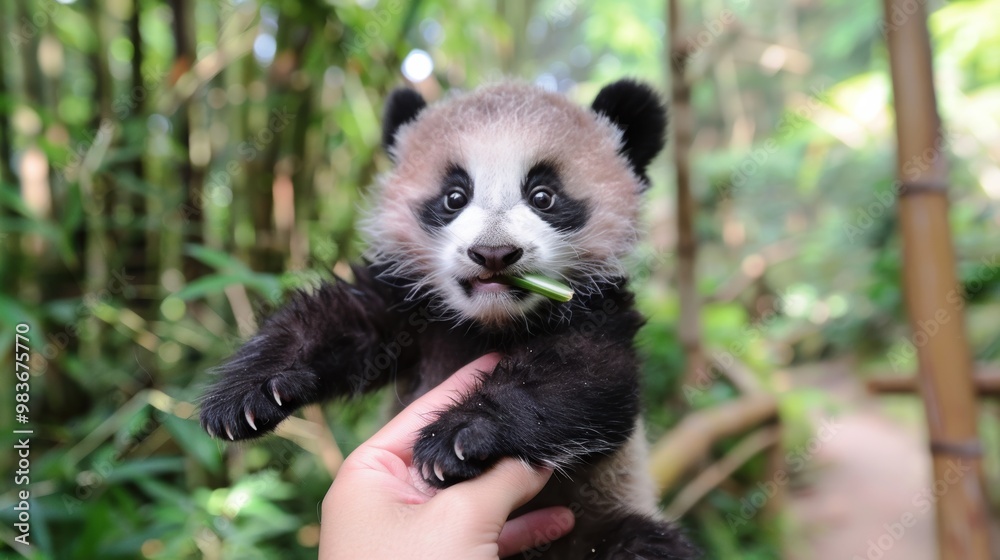 Ilustración de Stock Tiny panda cub is lifted by hand, its wide eyes ...