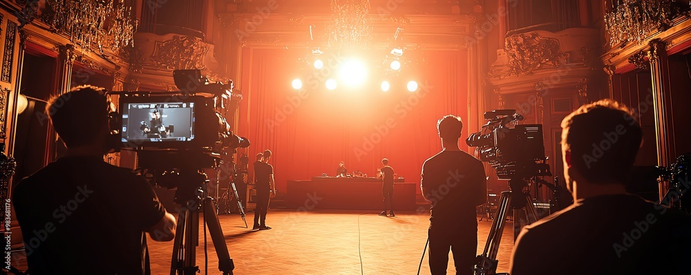 Capture the dynamic energy of behind the scenes setup staging as the ...