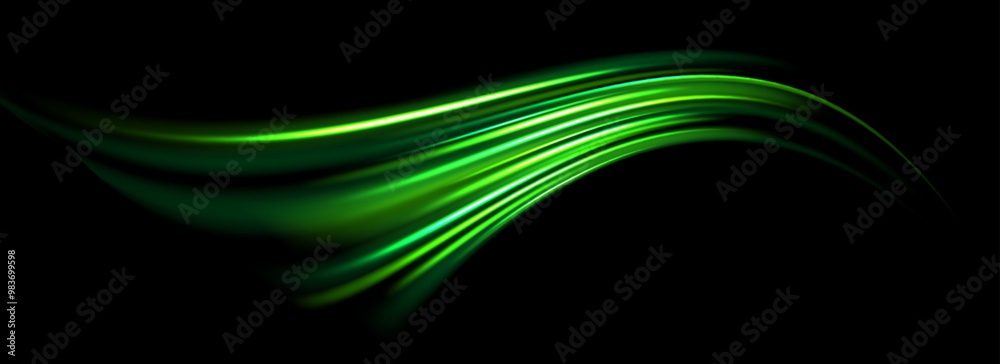 Vetor Glowing neon light trail element. Bright green speed line wave ...