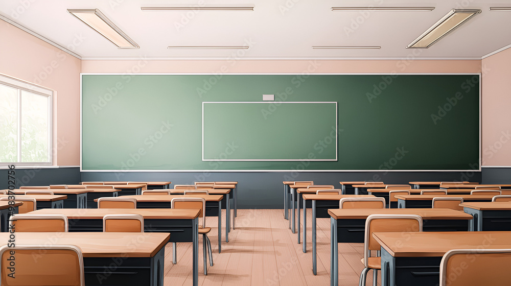empty classroom with neat desks and chairs. Cartoon or anime watercolor ...