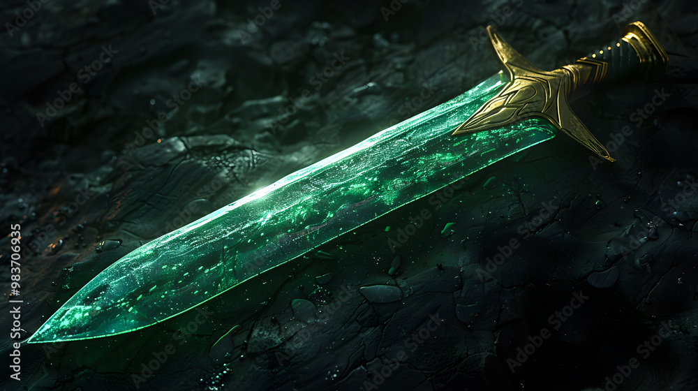 An enchanting dagger with a luminous green glow, depicted in a 3D ...