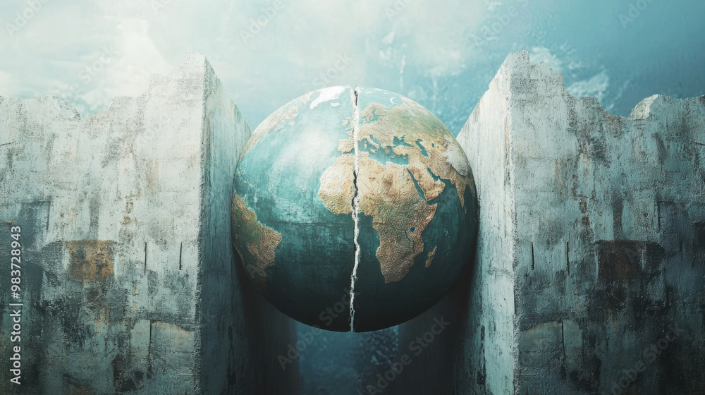 image depicts globe split in two by high wall, symbolizing barriers and ...