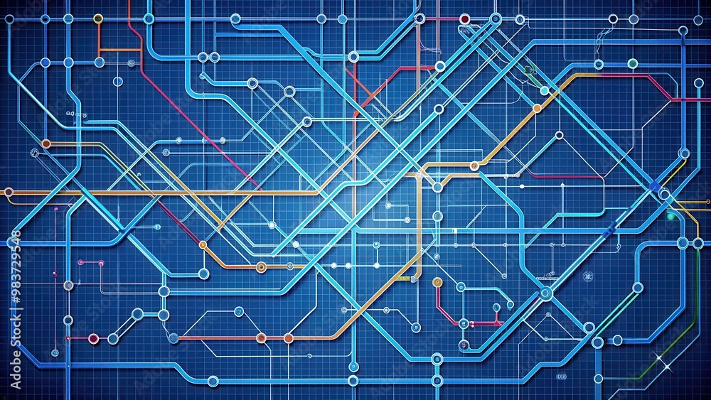 Complex blue subway map with many lines and stops, blue, subway, map ...