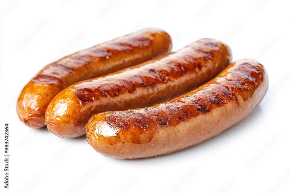 Three grilled bratwurst sausages on a white background. A classic ...