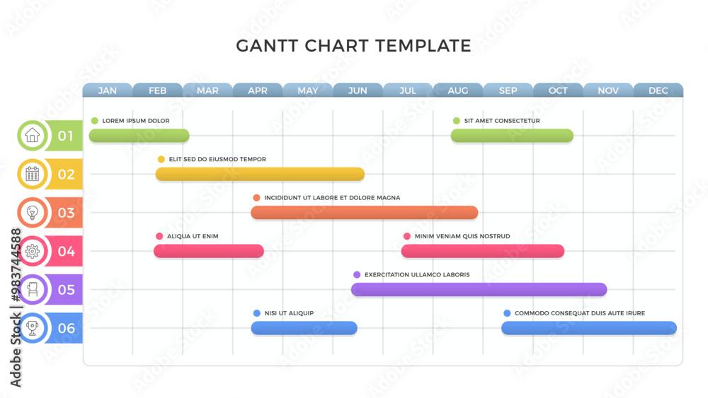 Gantt chart infographic template with six tasks, project timeline ...