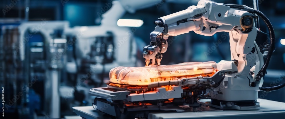 A robotic arm operating on an industrial assembly line, performing precise tasks under blue ...