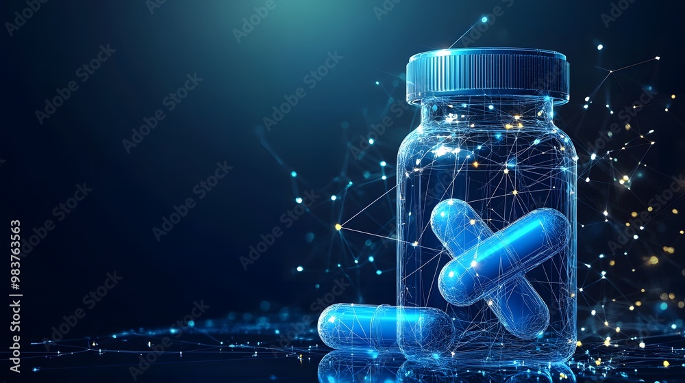 Plastic bottle with two abstract blue medical drug capsules. Healthcare ...