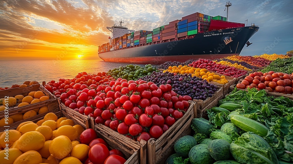 Cargo Ship Delivering Fresh Produce at Sunset Stock Illustration ...