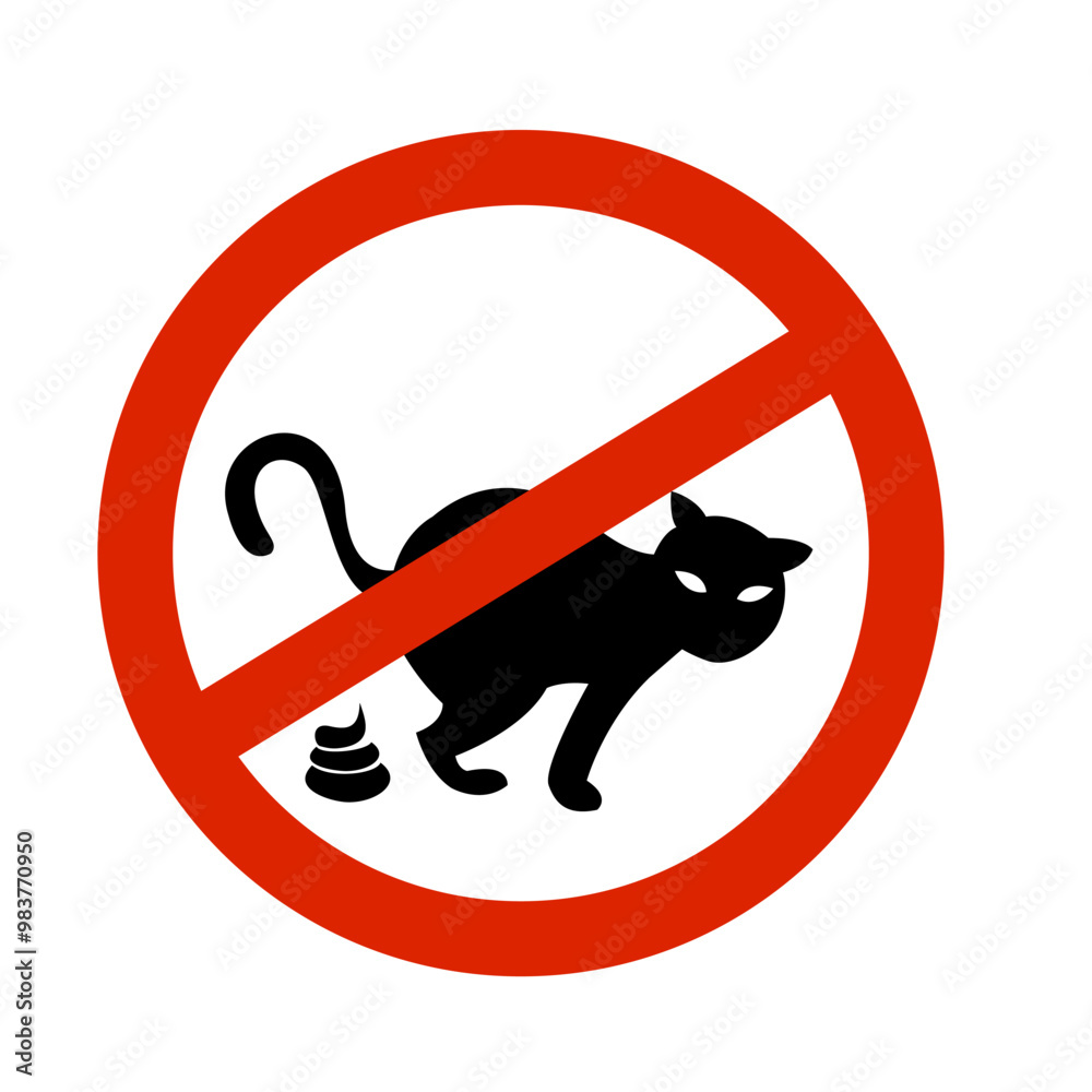 Cat and excrement, no cat pooping signage. Information red circular ...