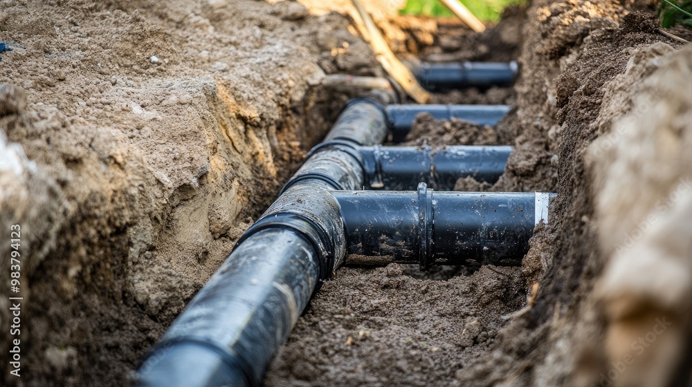 PVC water pipes placed in a trench at a cottage, illustrating a ...