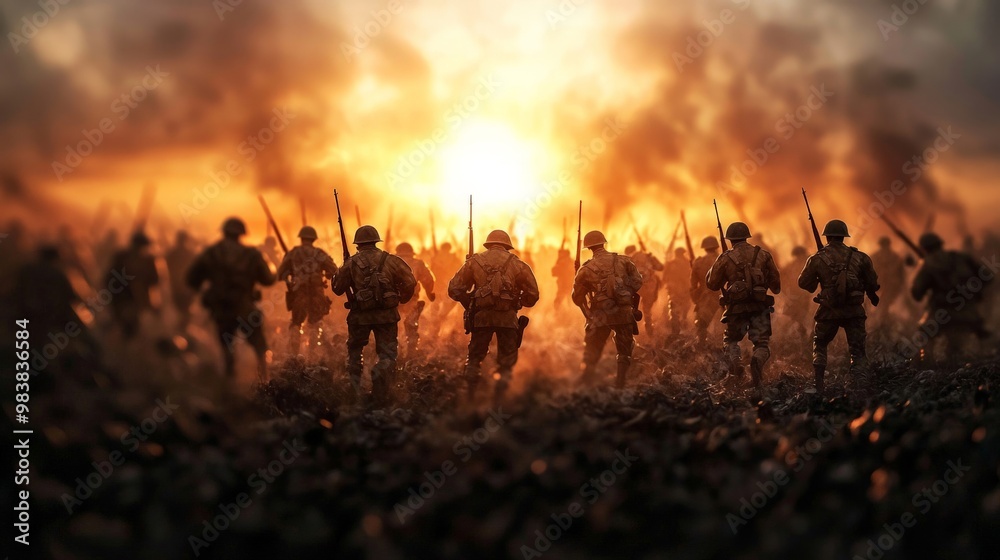 A battlefield transitioning to peace, soldiers laying down arms, a ...