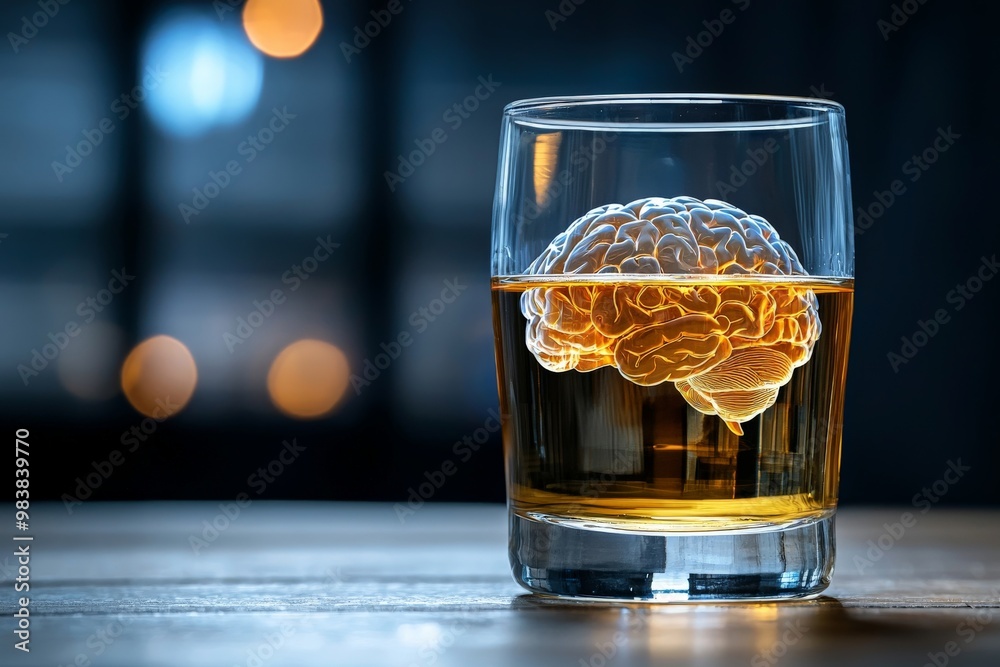 A brain scan showing the effects of alcohol addiction, with overlays of ...