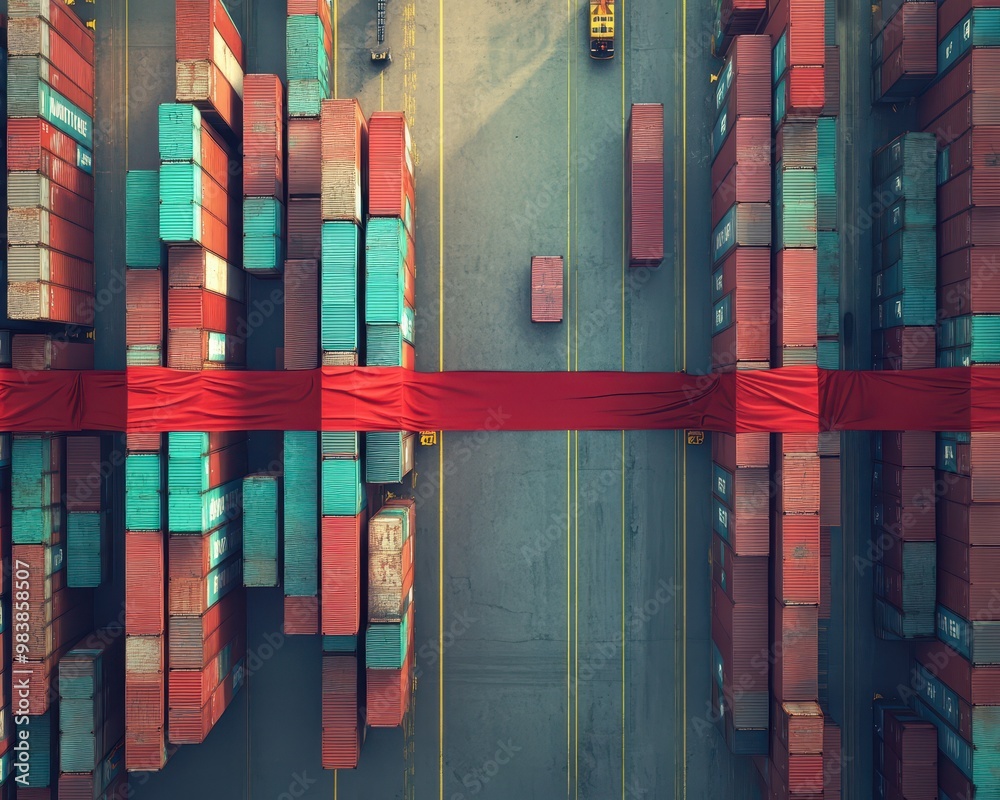 Containers at port blocked by red tape symbols, Trade Barrier ...