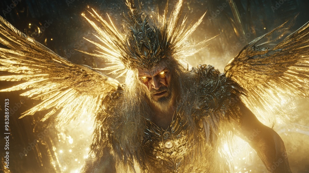 Powerful Golden Angel with Wings Mythical Creature Fantasy Art ...