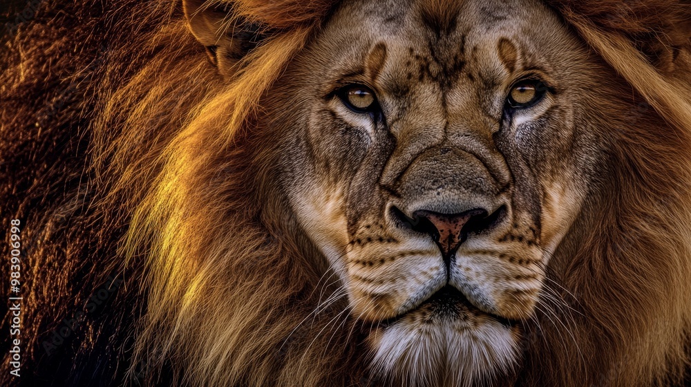Ilustración de Stock The photo shows a lion's face up close. The lion ...
