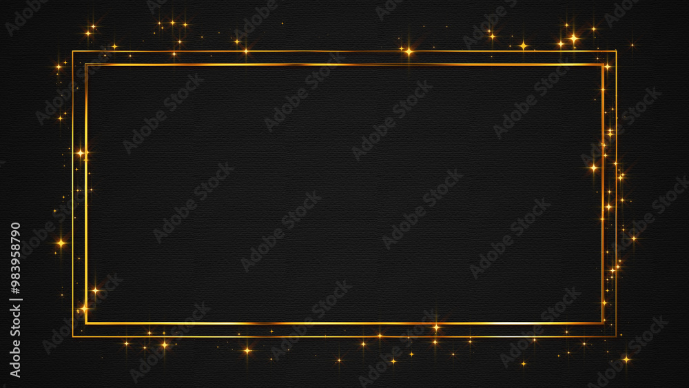 golden frame and shiny glitter stars on black paper texture background ...
