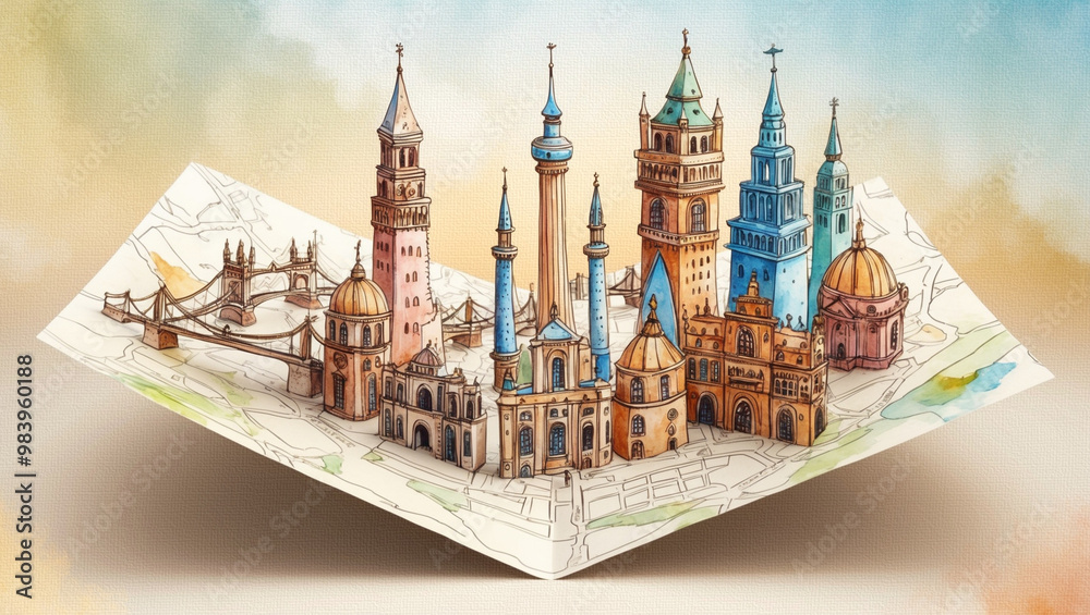 2D Map with 3D Landmark: A hand-drawn, illustrated 2D map of a city ...