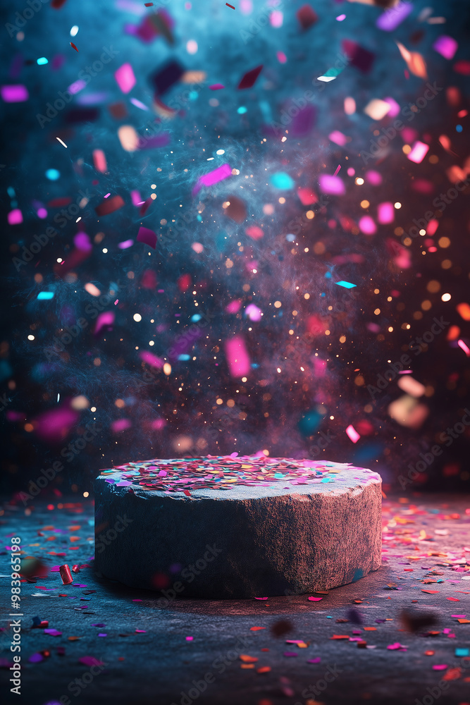Stone platform for product advertising with fireworks and confetti ...