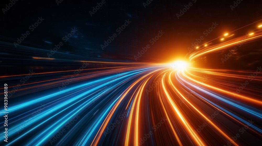 A captivating display of high-speed light streaks in blue and orange ...