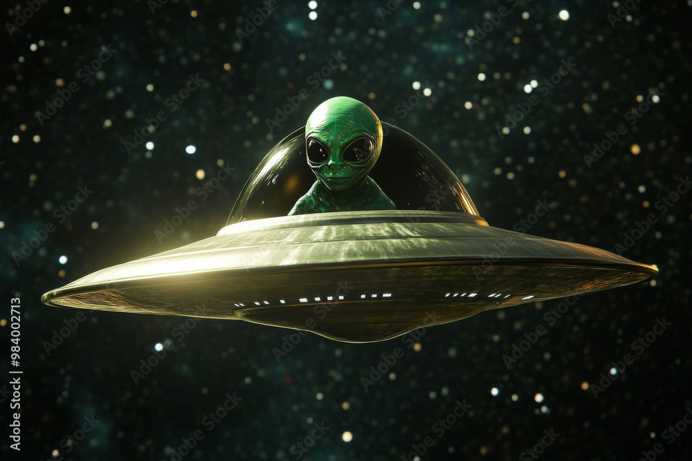 Green alien inside spaceship in shape of flying saucer navigating ...