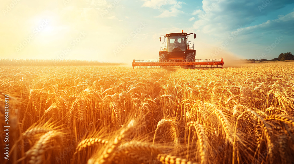 Wheat harvesting on field in summer season. modern harvesters with ...
