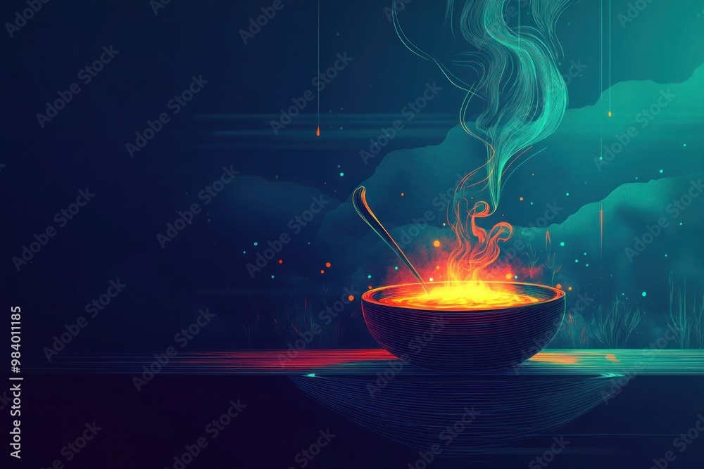 Minimalist linear art of a floating witch's cauldron, thin lines ...