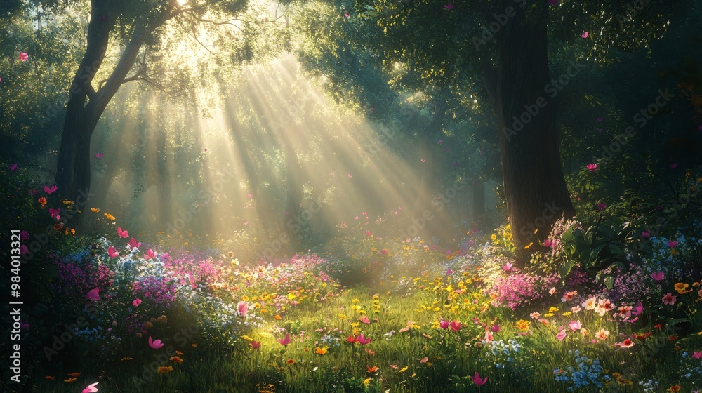 Magical Forest Meadow With Sunbeams and Butterflies Stock Photo | Adobe Stock