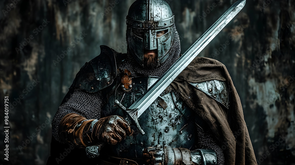 A Medieval Knight in Full Armor Stands Ready with his Sword Drawn, His ...