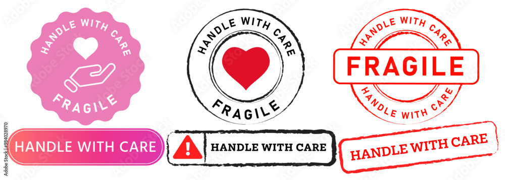 Handle with care be careful fragile caution stamp colorful badges ...
